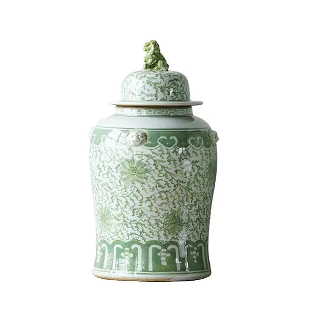 Green Hand-painted Temple Jar with Lid – Wildflowers